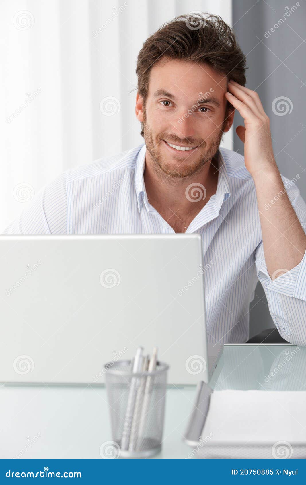 Happy Businessman at Office Desk Stock Image - Image of businesspeople ...