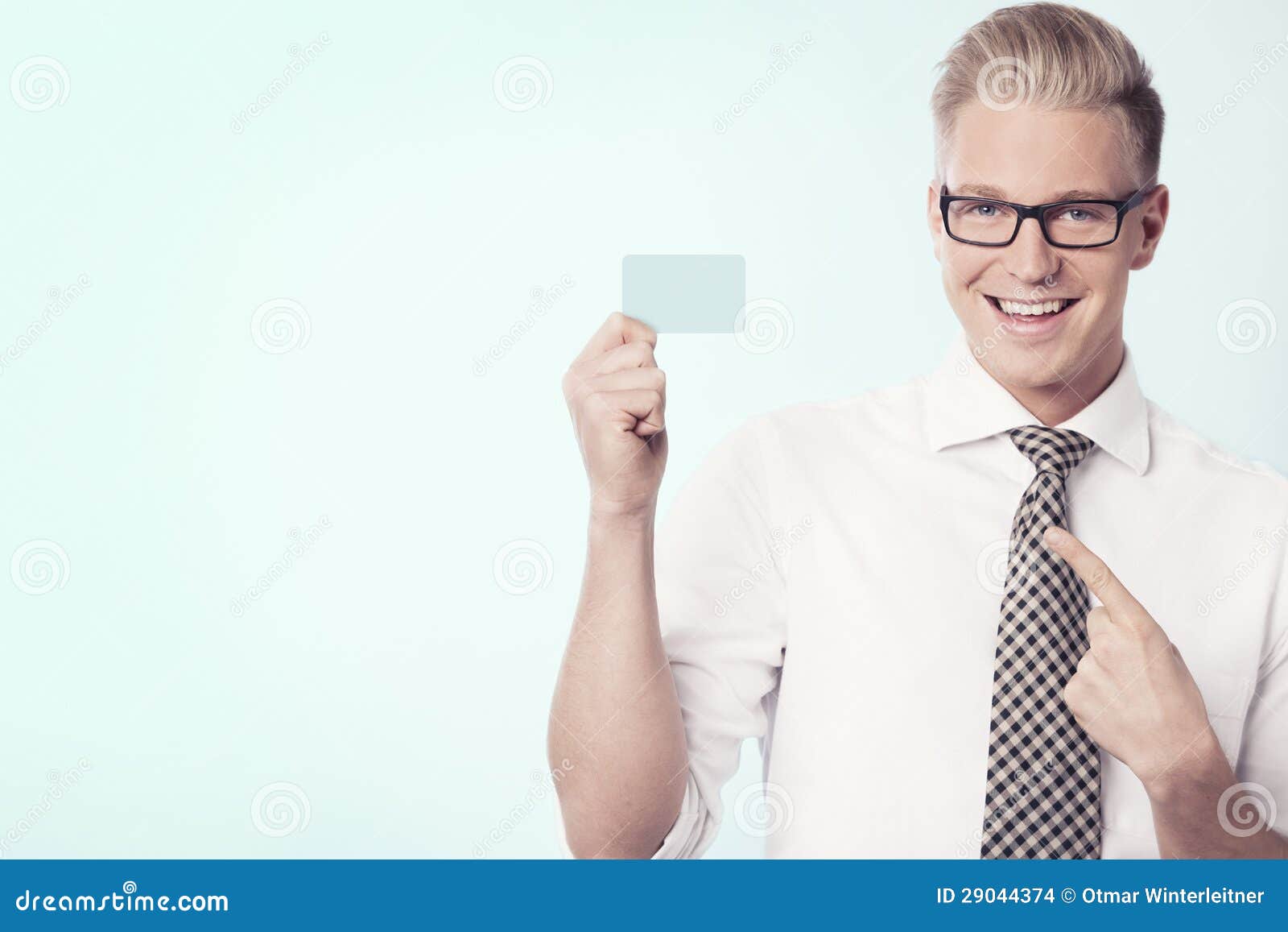 Happy Businessman Pointing Finger at Blank Card. Stock Photo - Image of ...