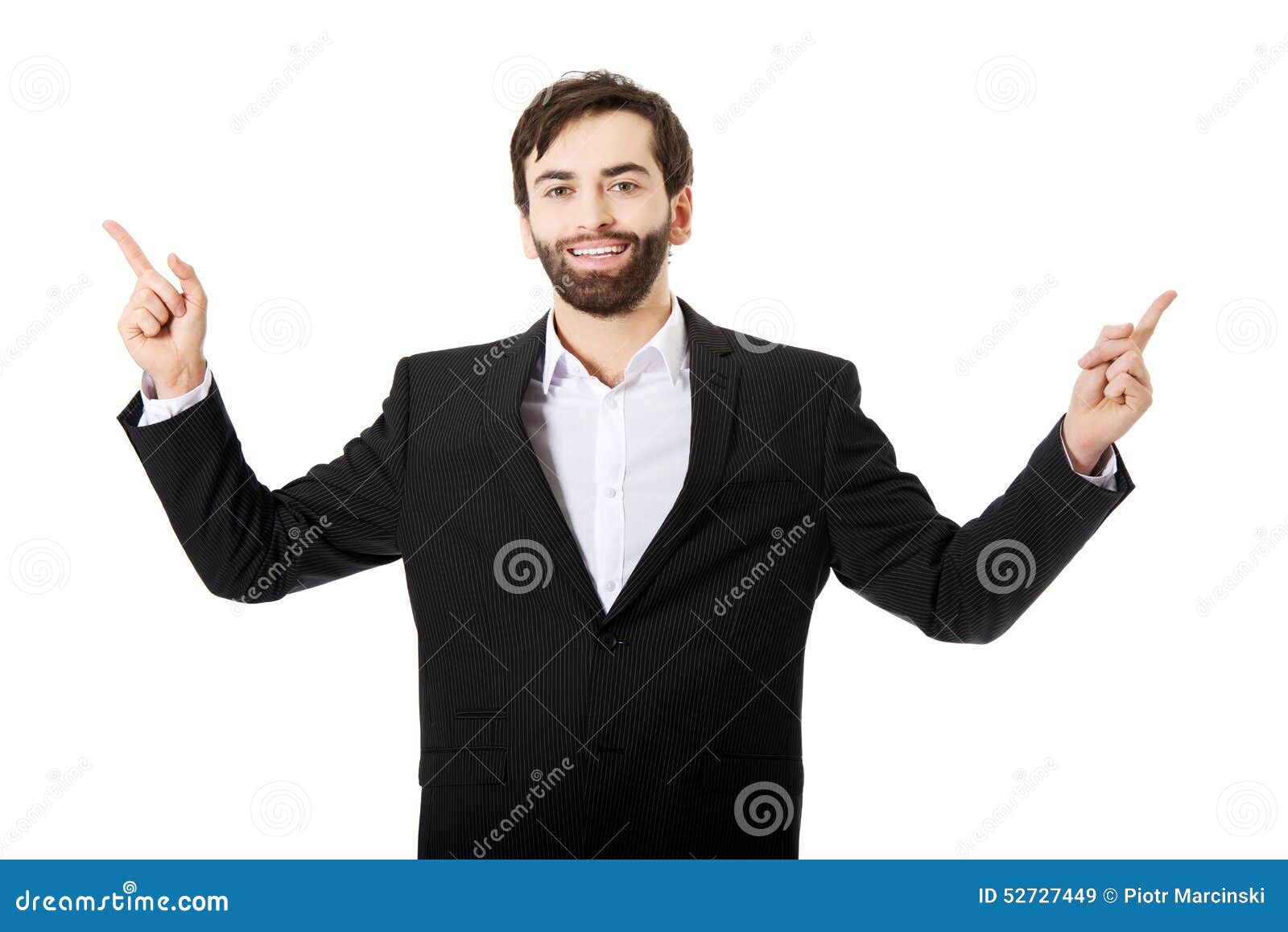 Happy Businessman Points His Finger Up. Stock Image - Image of ...