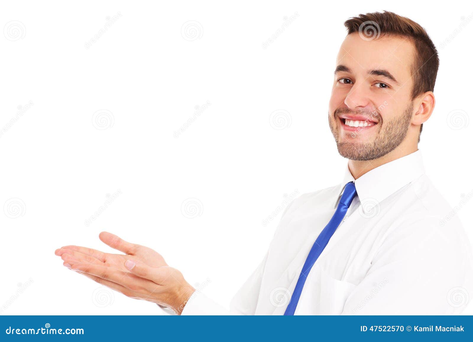 Happy Businessman Presenting Something Over White Stock Photo - Image ...