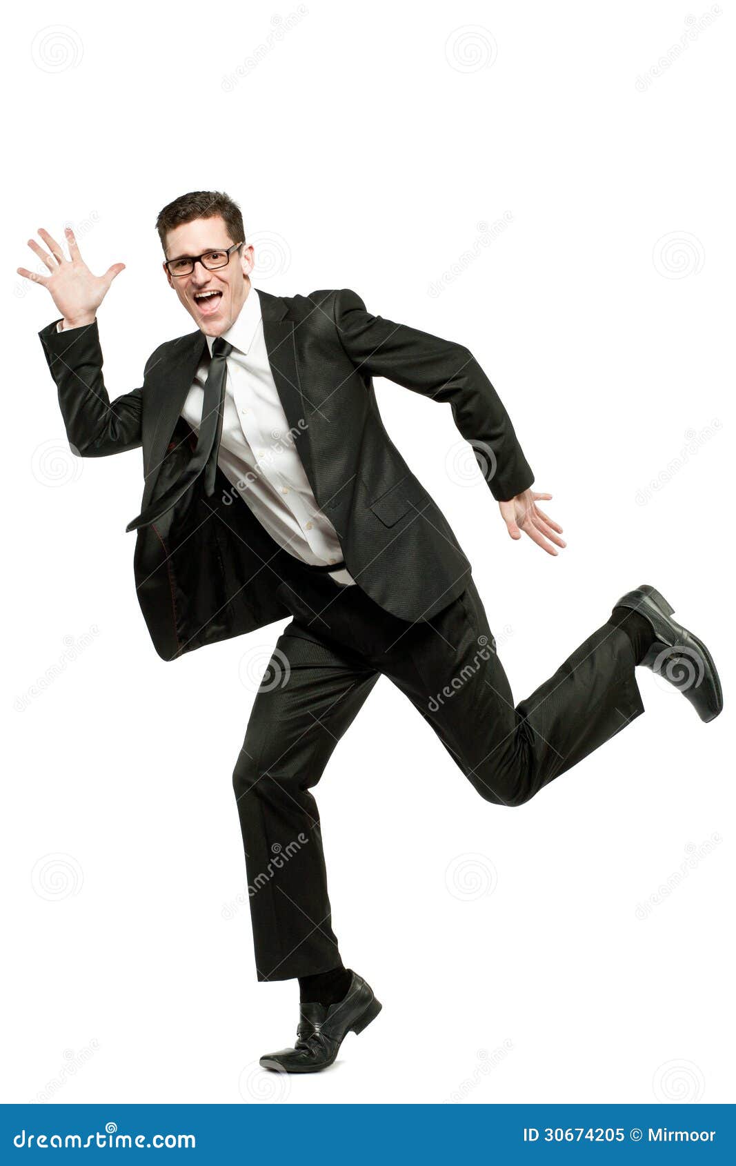 Happy Businessman Runs in Black Suit on White. Stock Image - Image of ...