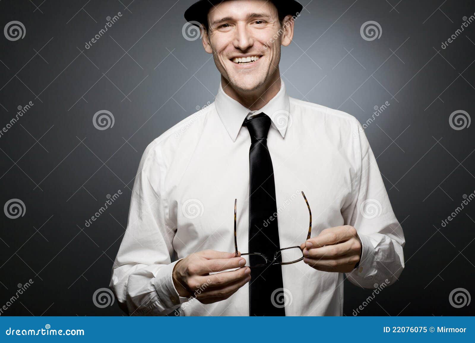 Happy Businessman in White Shirt and Black Hat. Stock Image - Image of ...