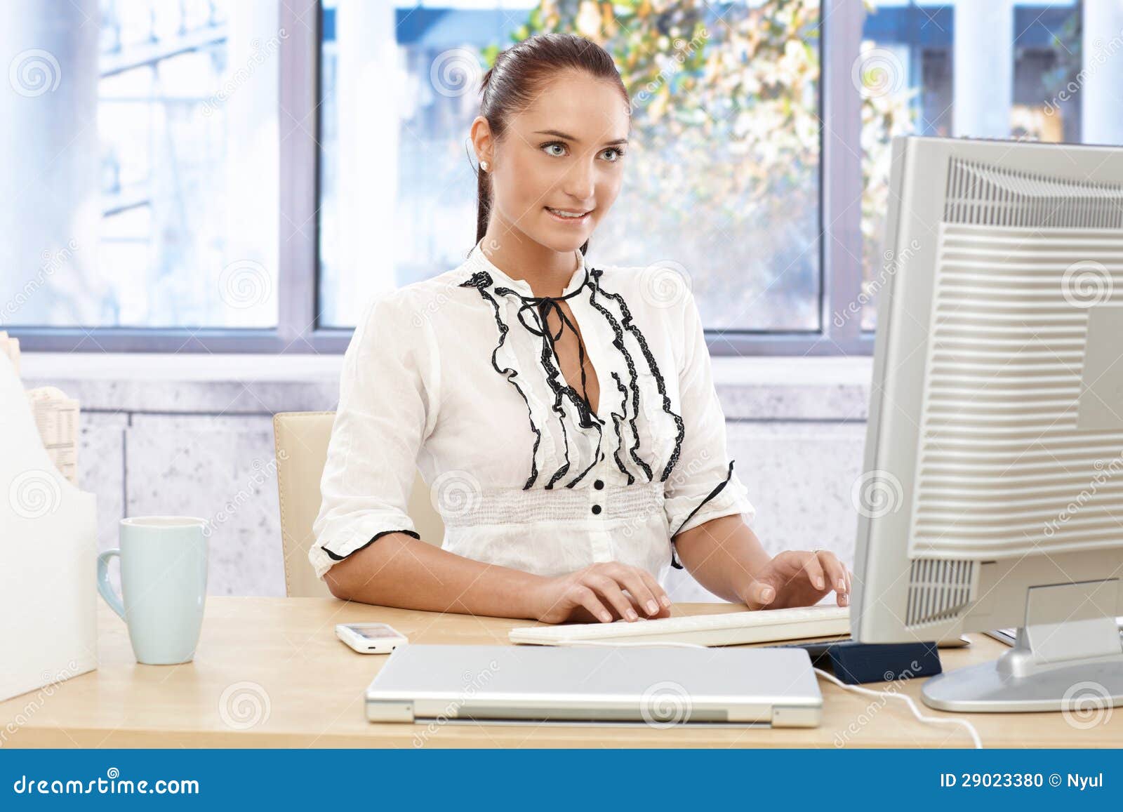 Happy Businesswoman Busy Working on Computer Stock Photo - Image of ...