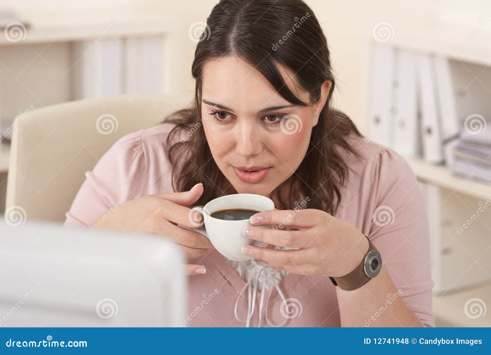 Happy Businesswoman Having Coffee Break at Office Stock Photo - Image ...