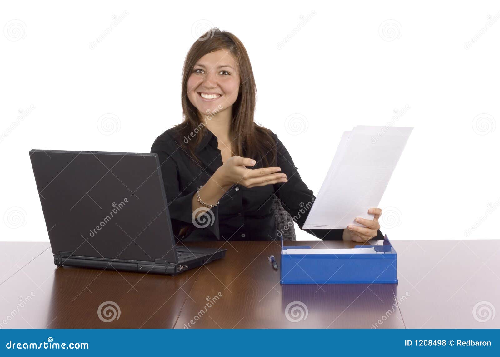 Happy Businesswoman Pointing Report Stock Photo - Image of chairman ...