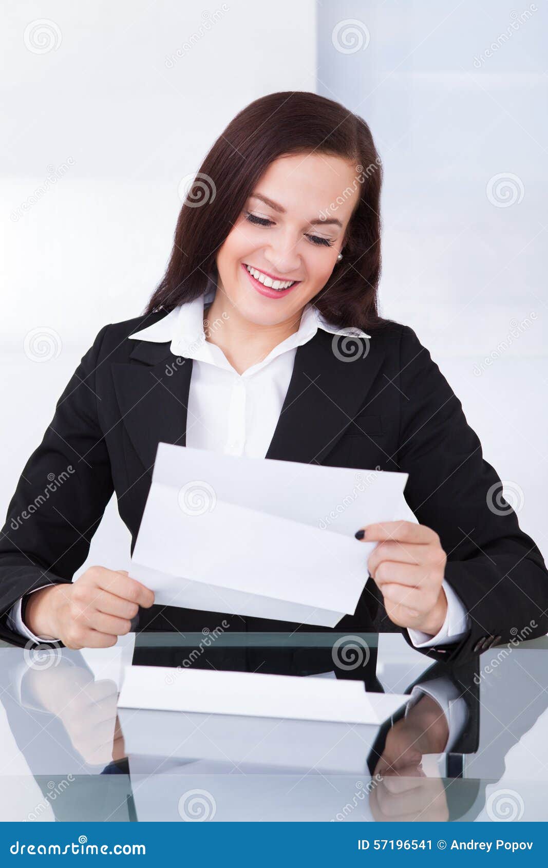 Happy Businesswoman Reading Document Stock Image - Image of leadership ...
