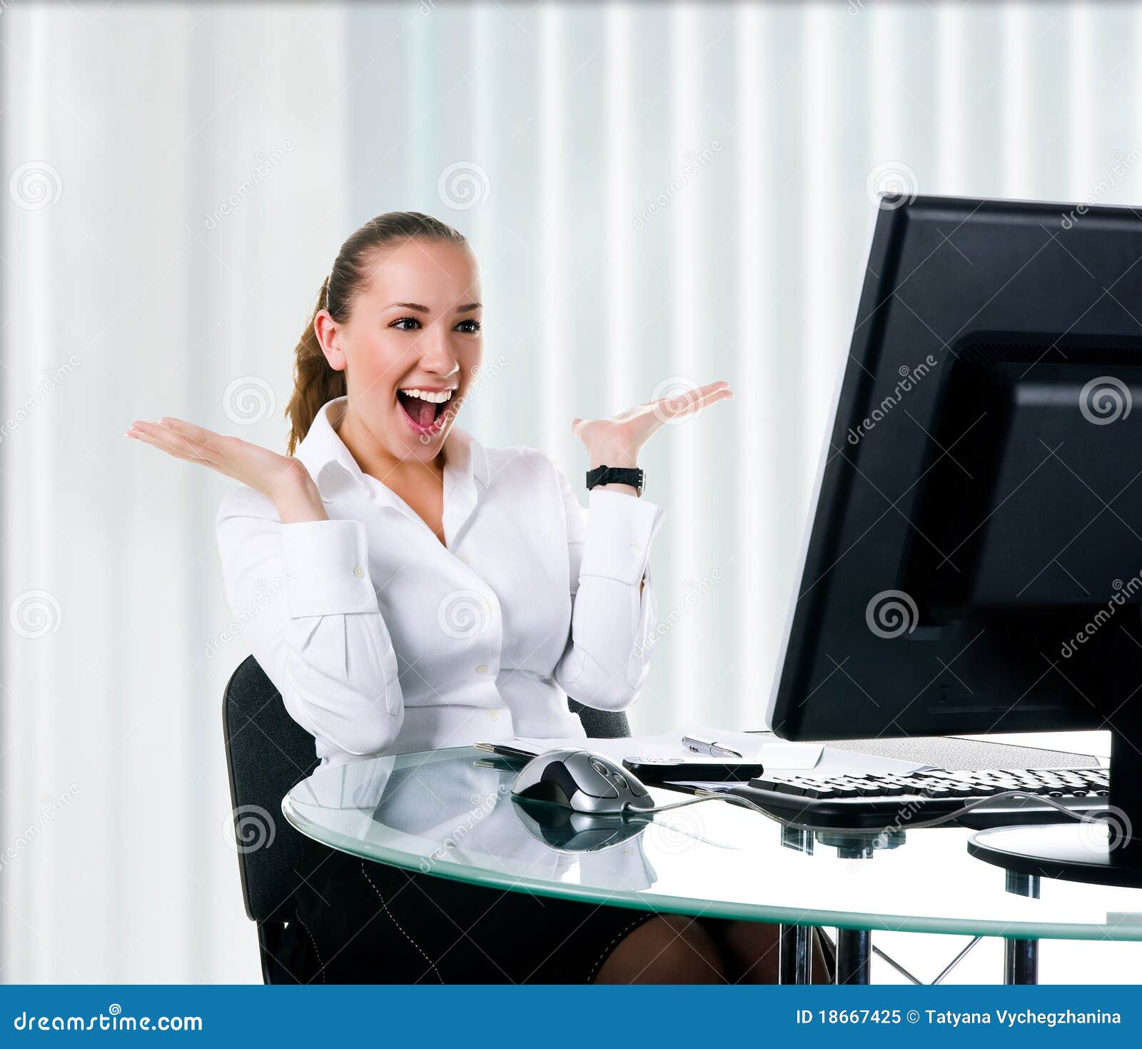 Happy Businesswoman Sits at the Computer Stock Image - Image of office ...