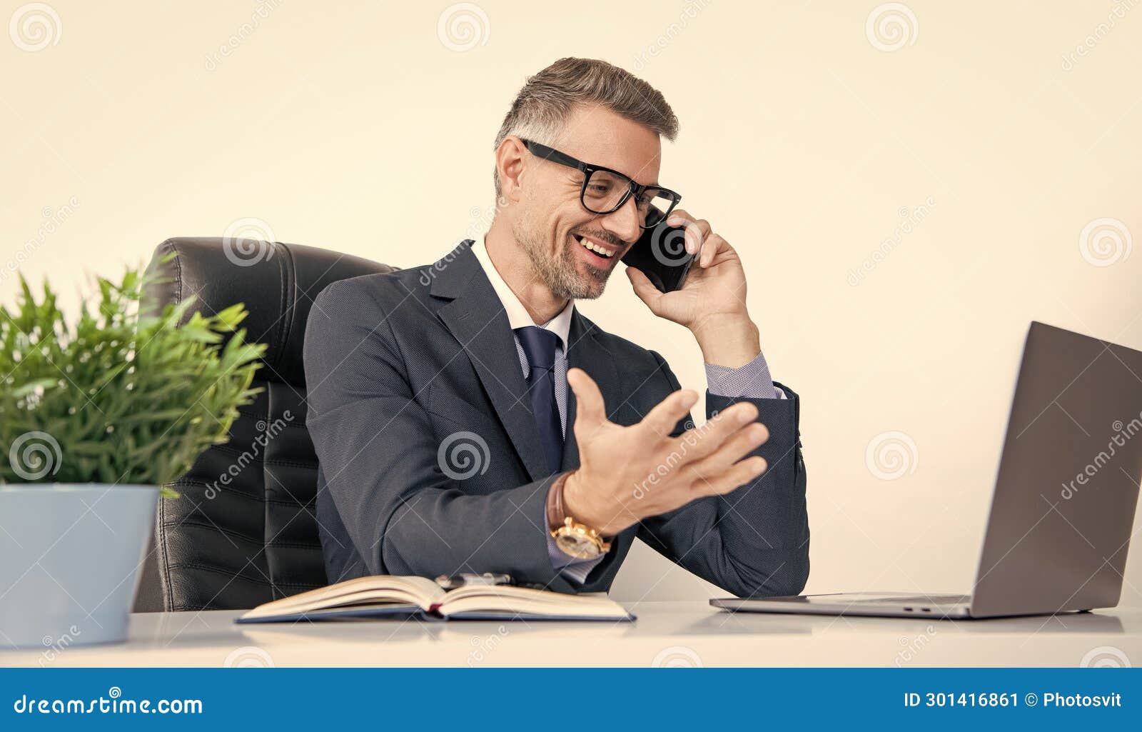 Happy Busy Businessman in Eyewear Talking on Phone in Office with ...