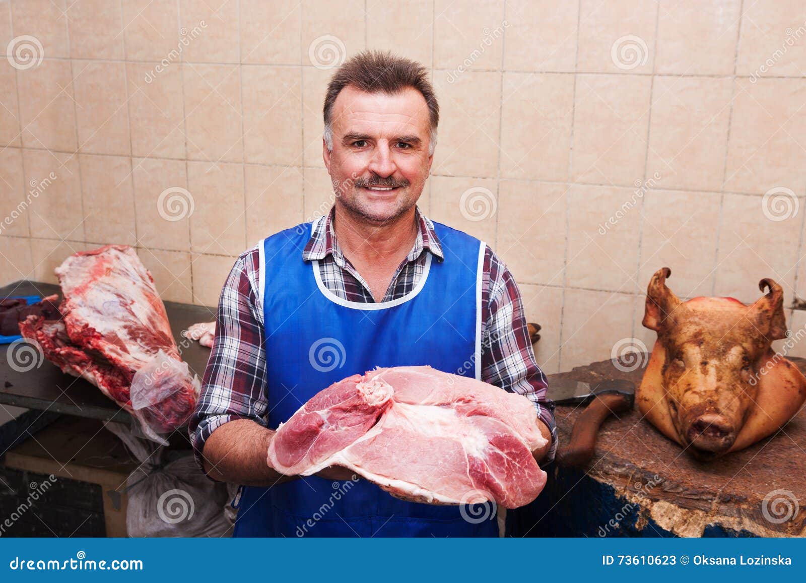 Happy butcher and meat stock image. Image of adult, safety - 73610623