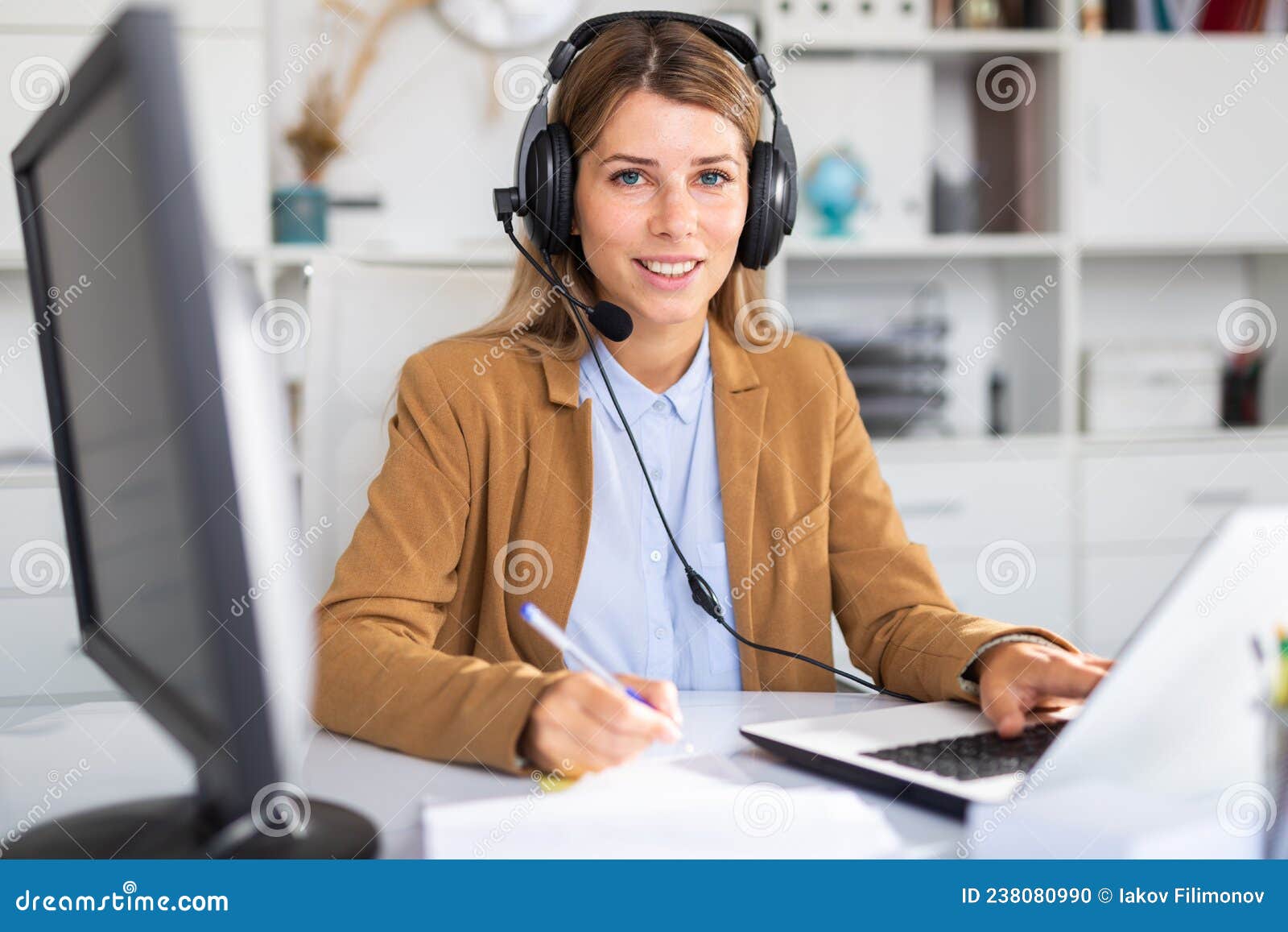 Happy Call Center Operator Talking with Client Stock Photo - Image of ...