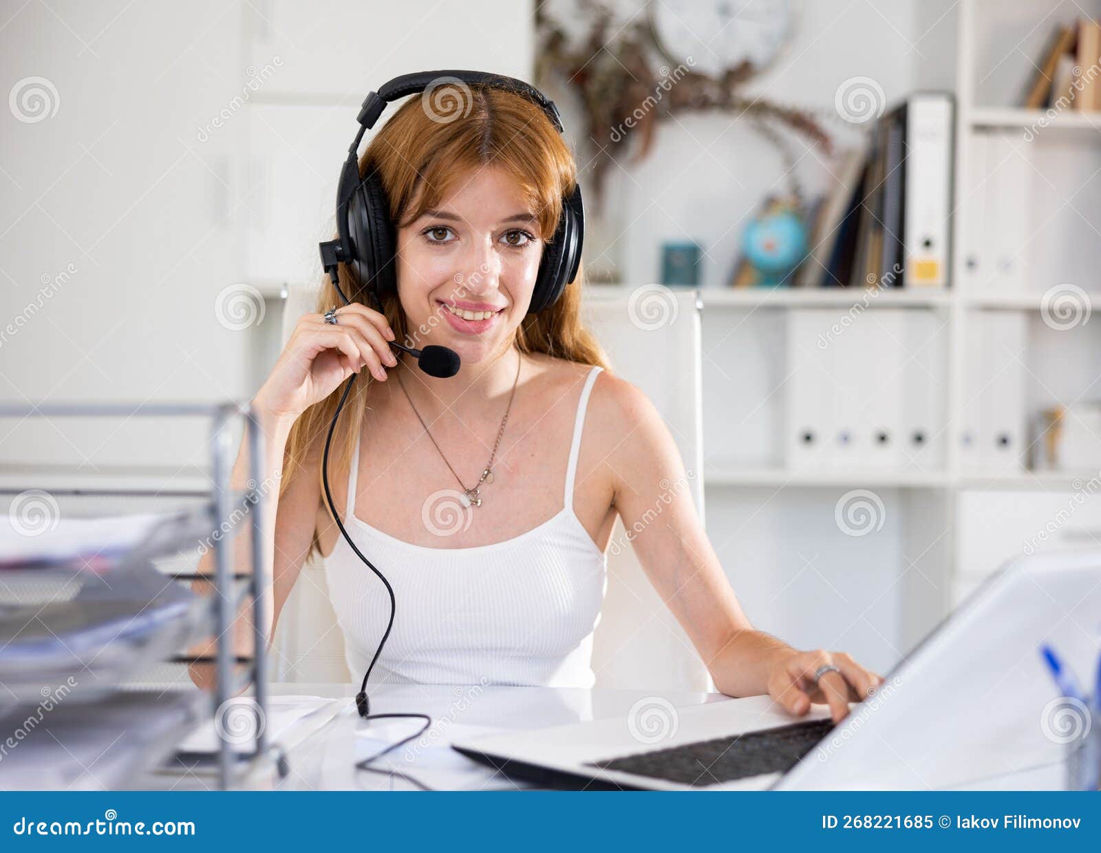 Call Center Operator Talking with Client and Smiling Stock Image ...