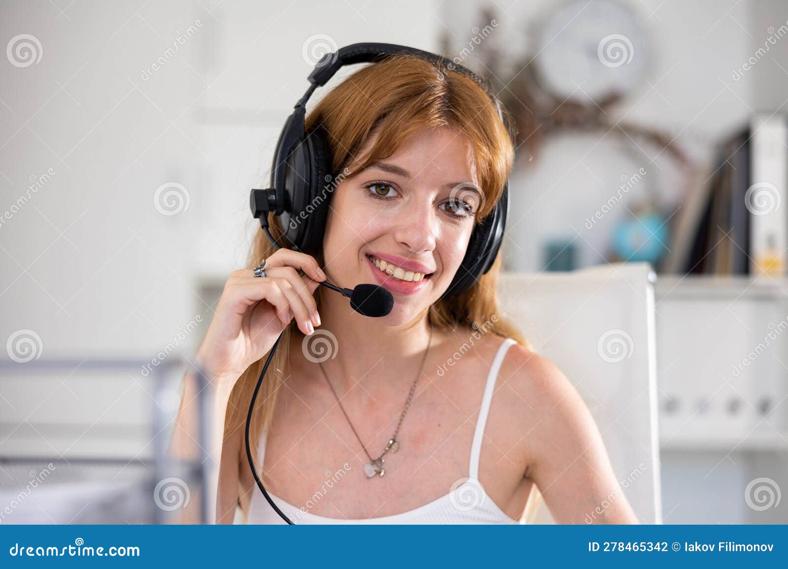 Call Center Operator Talking with Client and Smiling Stock Photo ...