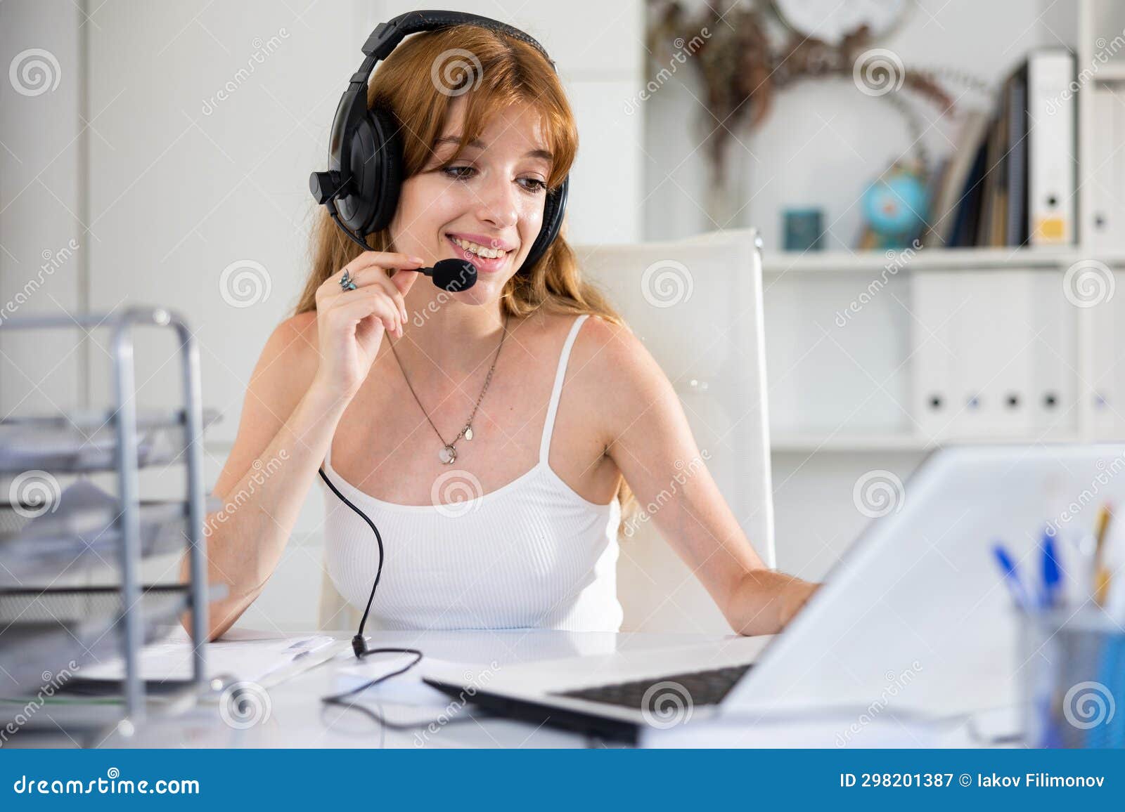 Call Center Operator Talking with Client and Smiling Stock Image ...