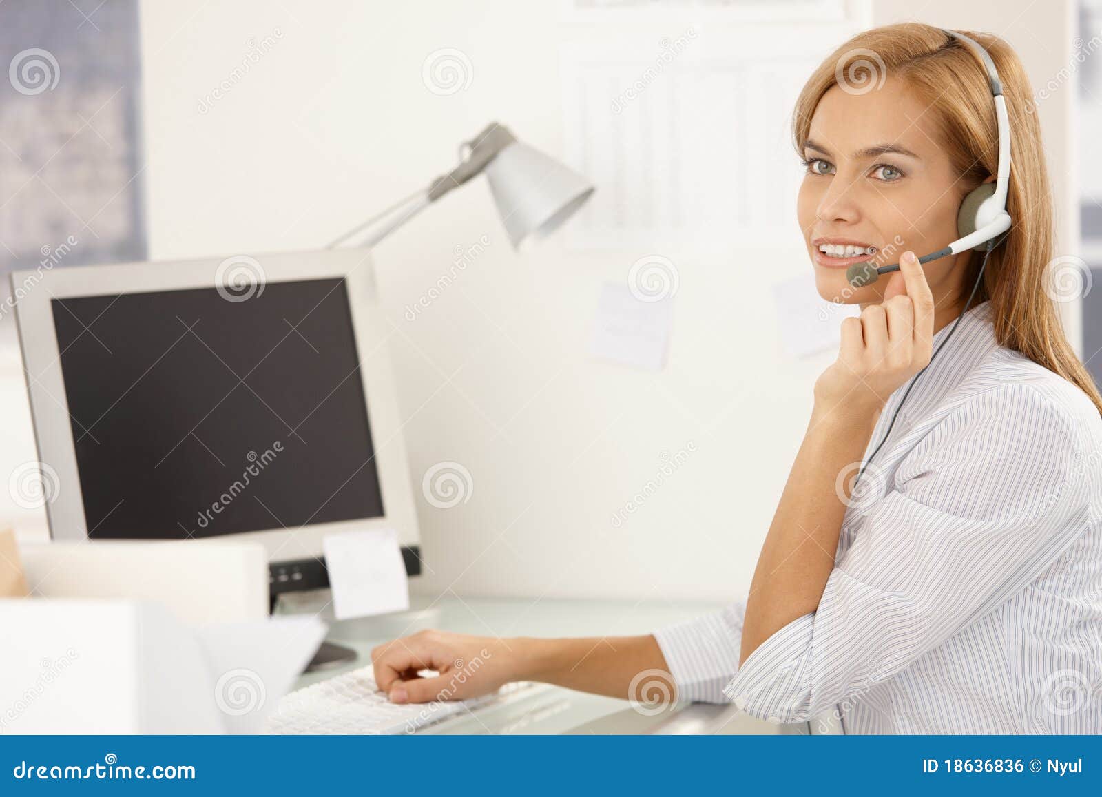 Happy Call Center Worker Girl with Headset Stock Photo - Image of ...