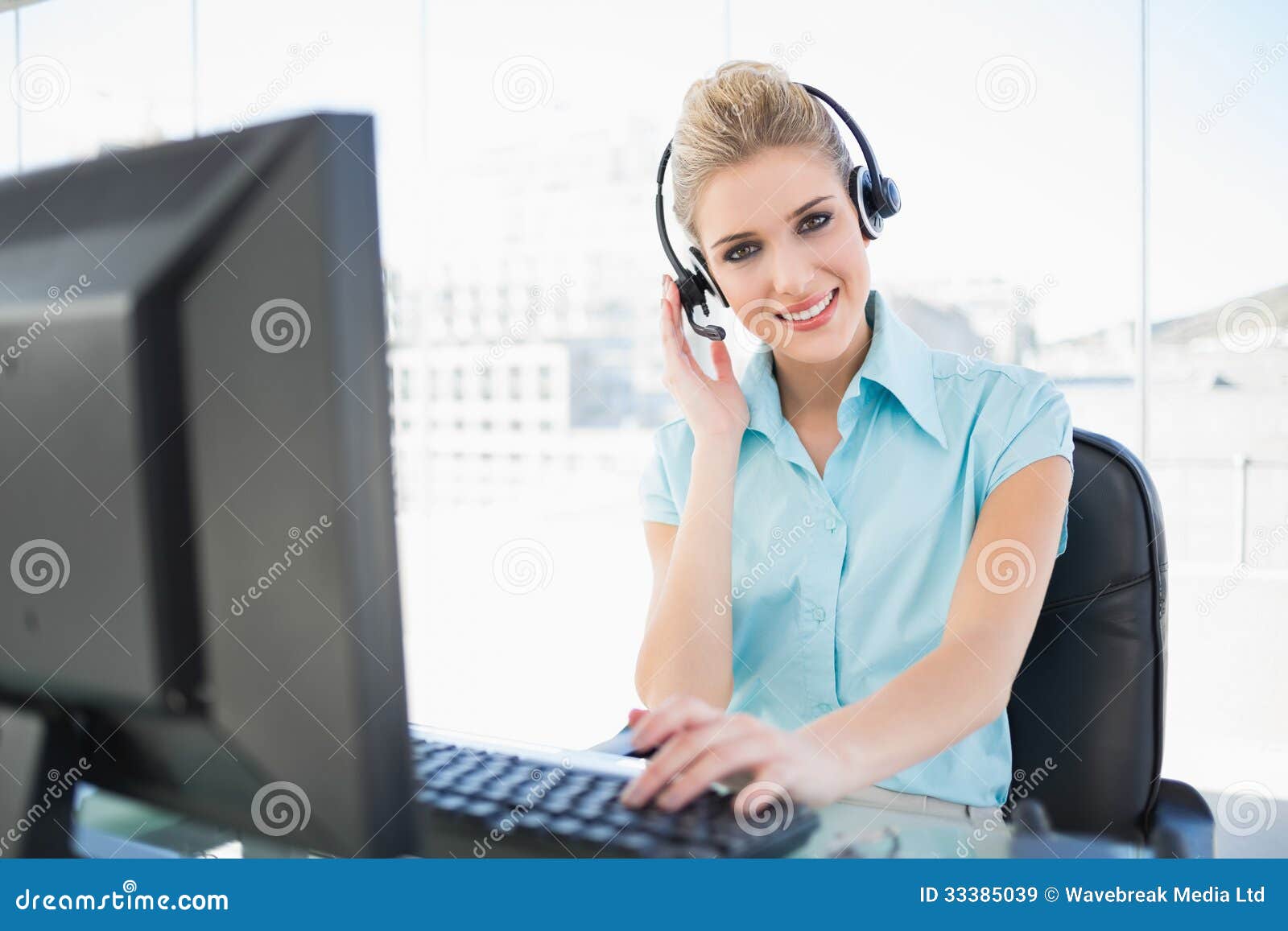 Happy Call Centre Agent Working on Computer Stock Image - Image of ...