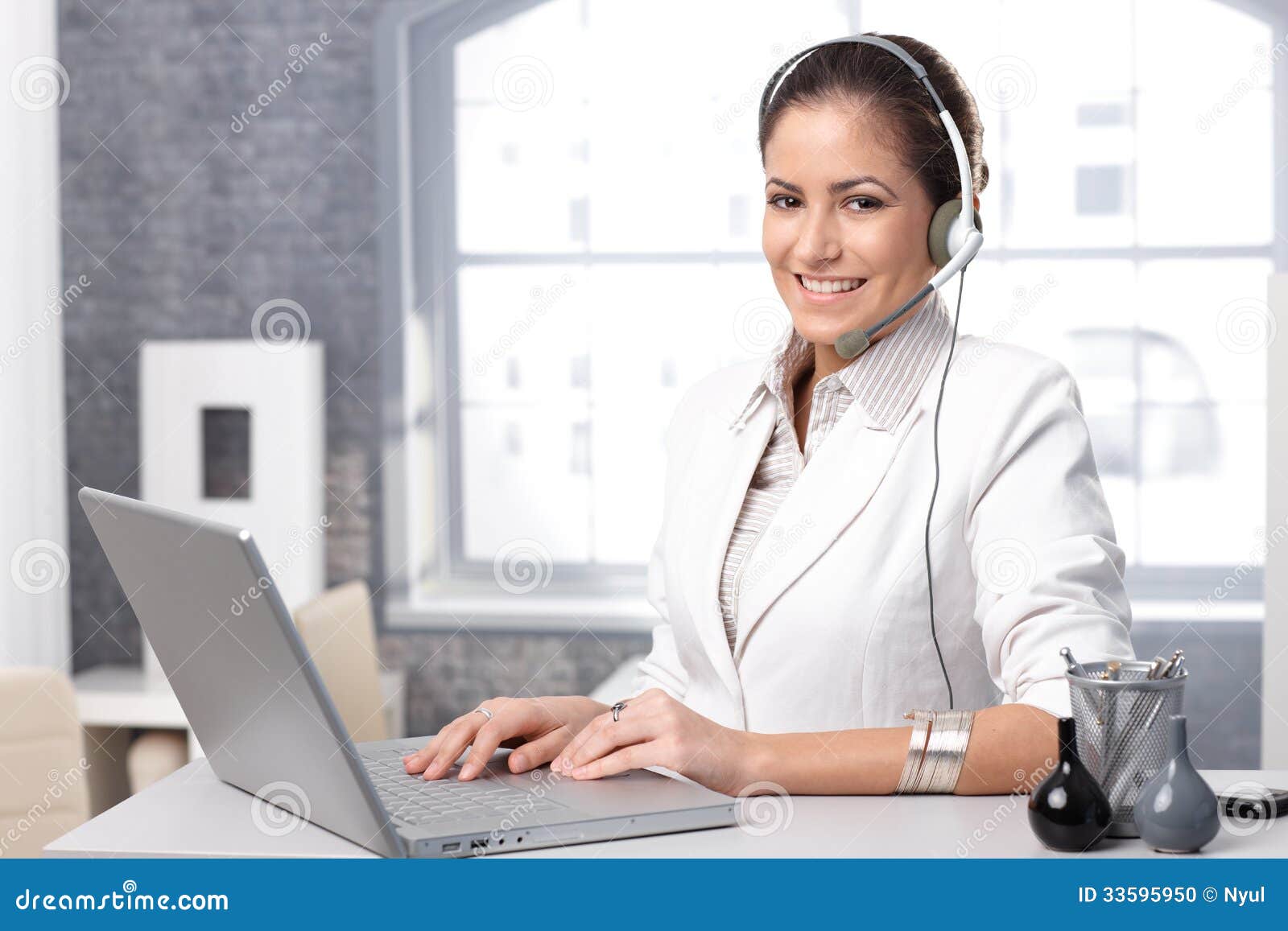 Happy Call Dispatcher with Laptop Stock Photo - Image of computer, good ...