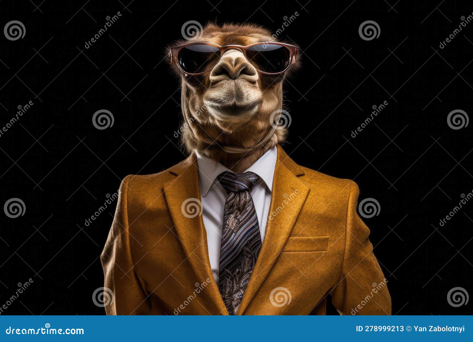 Happy Camel in Suit and Sunglasses on Black Background. Generative AI ...