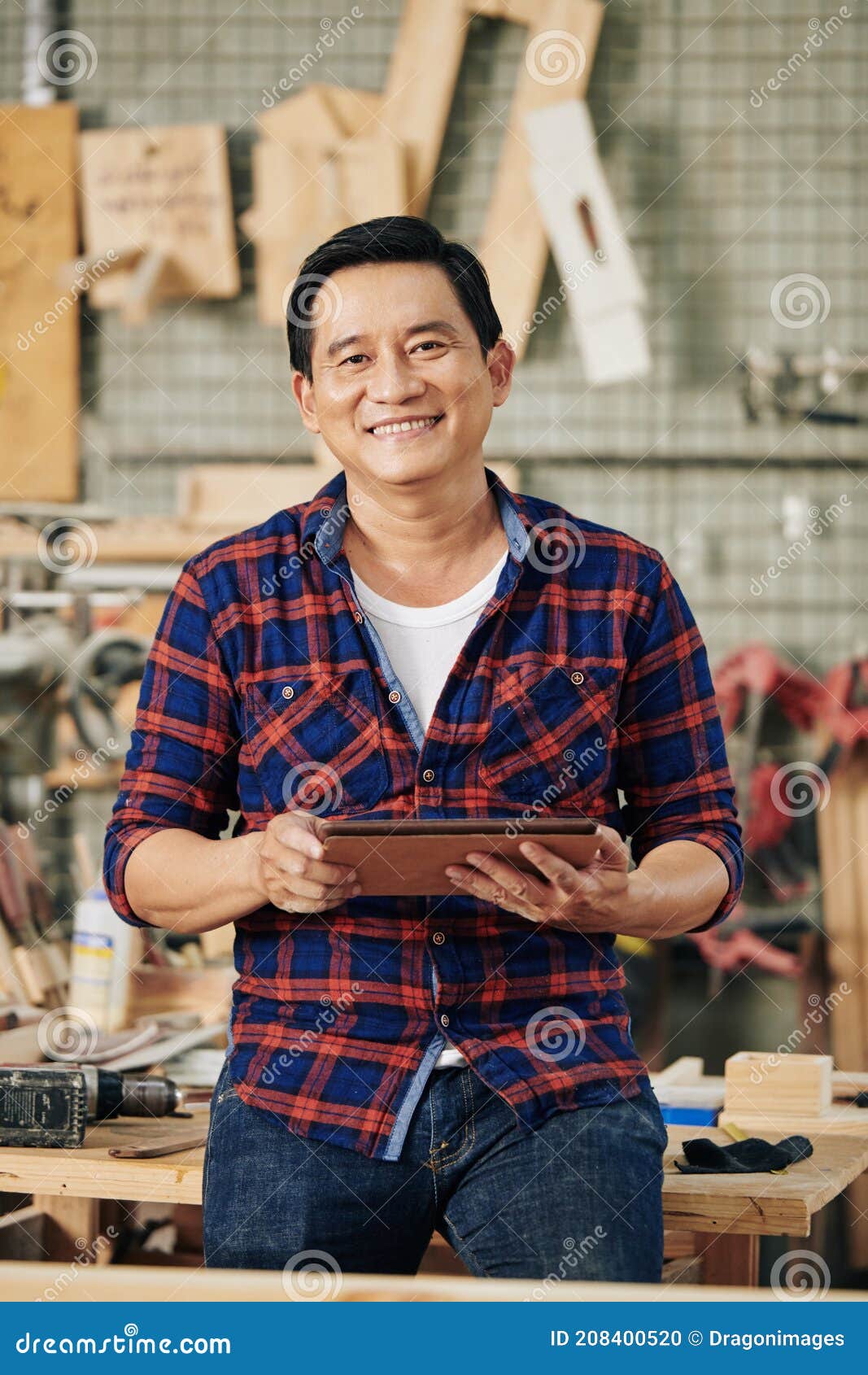Happy Carpenter with Digital Table Stock Photo - Image of expertise ...