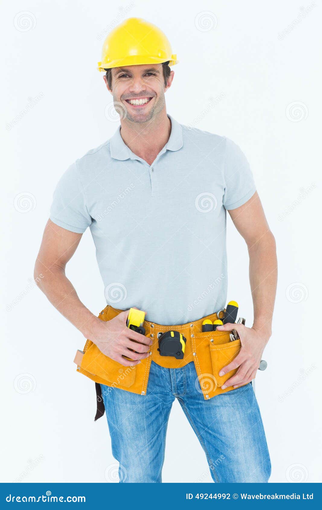 Happy Carpenter Wearing Hard Hat Stock Photo - Image of caucasian, belt ...
