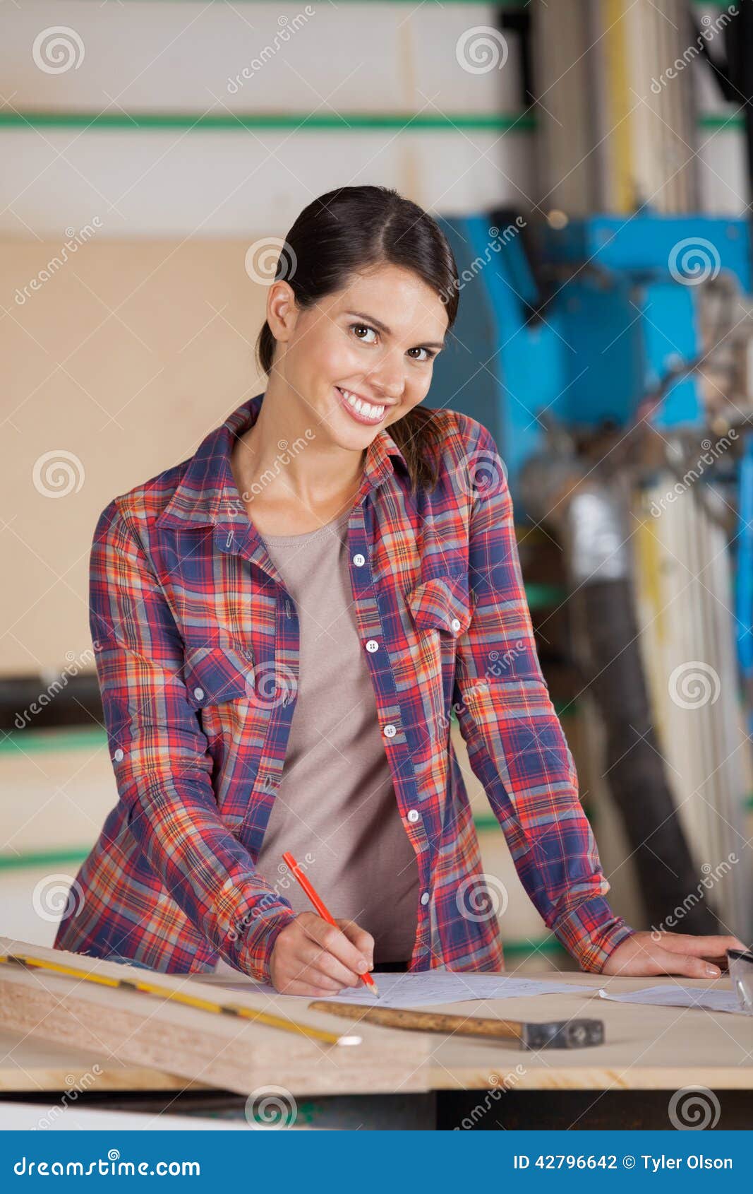 Happy Carpenter Writing on Paper in Workshop Stock Photo - Image of ...