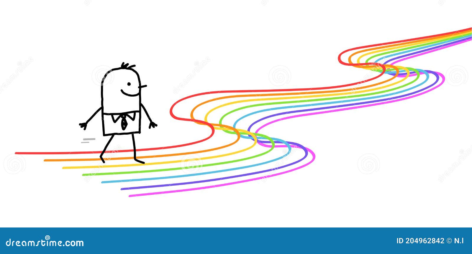 Happy Carton Man Walking on Rainbow Lines Path Stock Vector ...