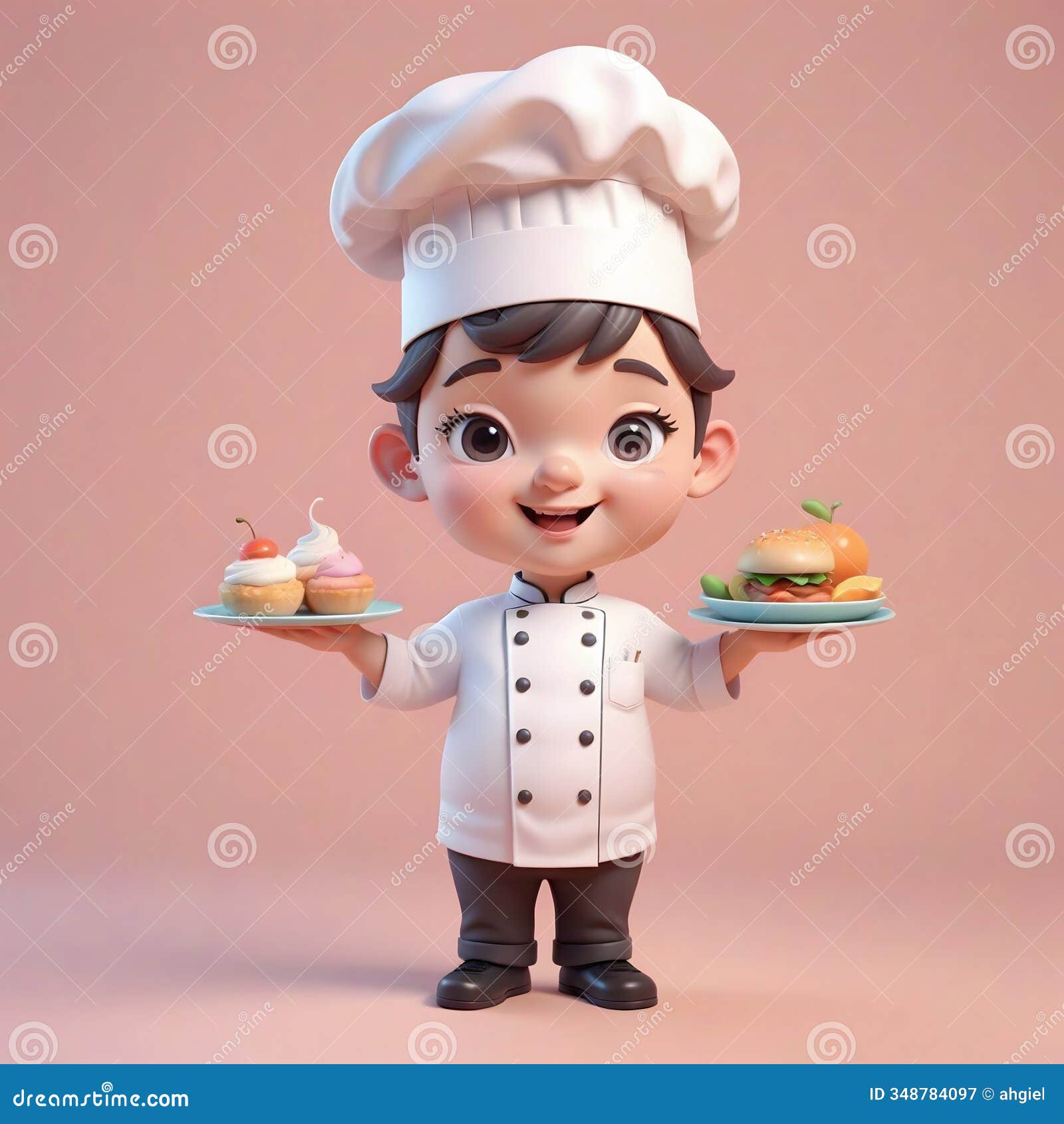 Happy Cartoon Chef Holding a Plate of Cupcakes and a Burger Stock ...