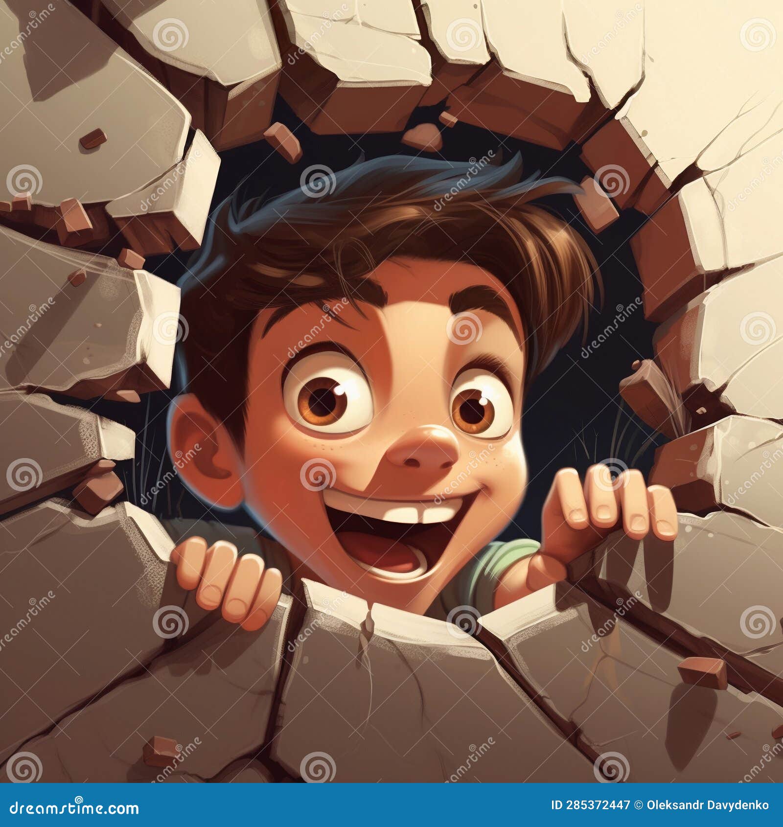 Happy Cartoon Kid Looking through a Broken Brick Wall. Generative AI ...
