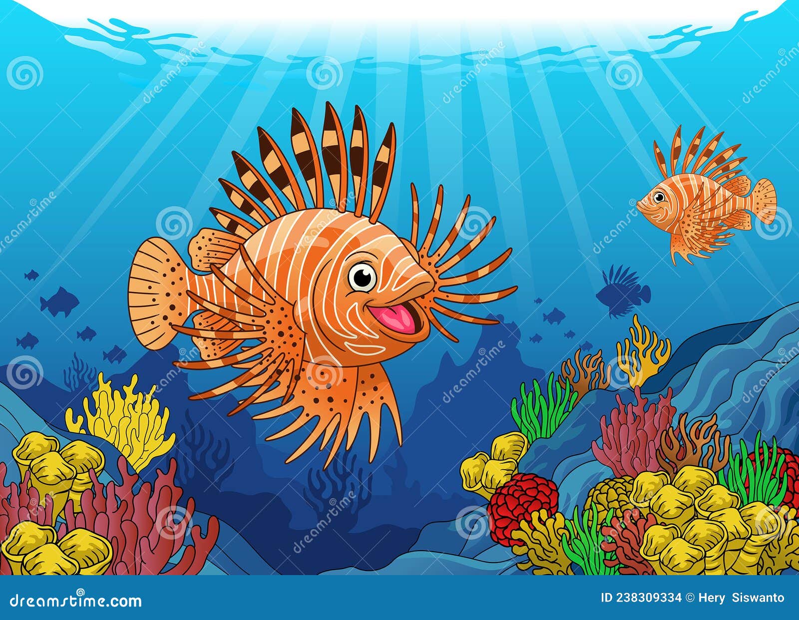 Happy Cartoon Lion Fish in the Coral Reef Stock Vector - Illustration ...