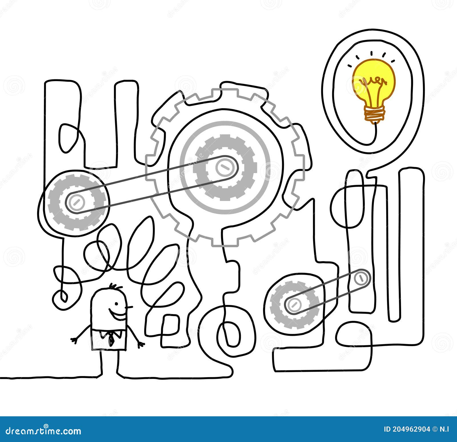 Happy Cartoon Man with Big Working Machine and Light Bulb Stock Vector ...