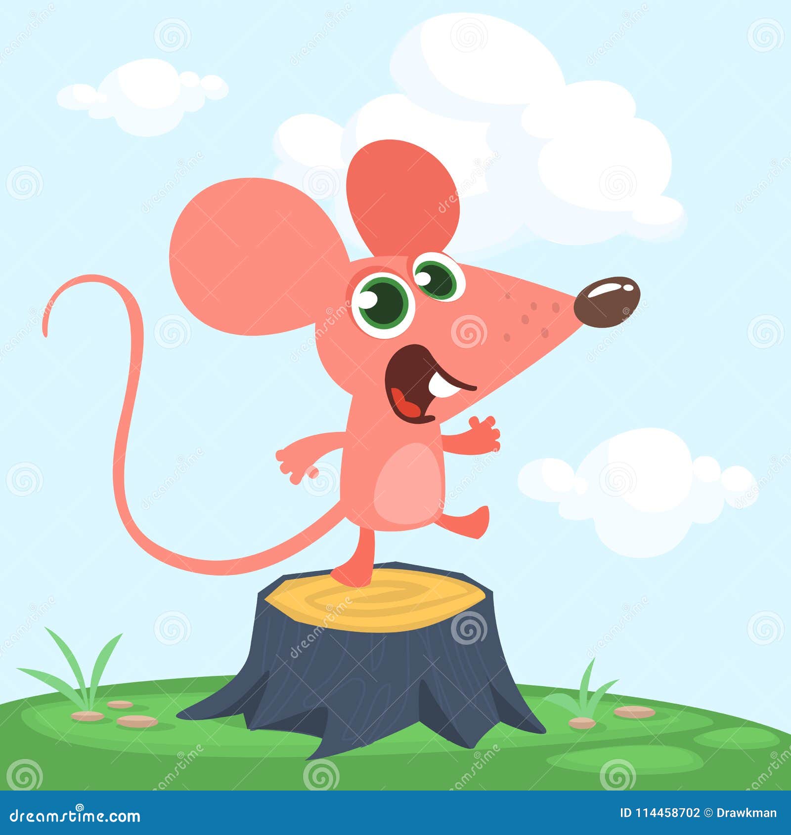 Happy Cartoon Pink Mouse Dancing on a Tree Stump in Th Meadow. Vector ...