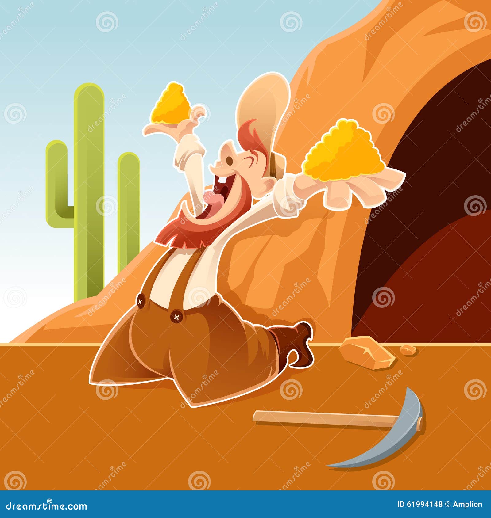 Cartoon Prospector With Gold Nugget And Pickaxe Vector Illustration ...