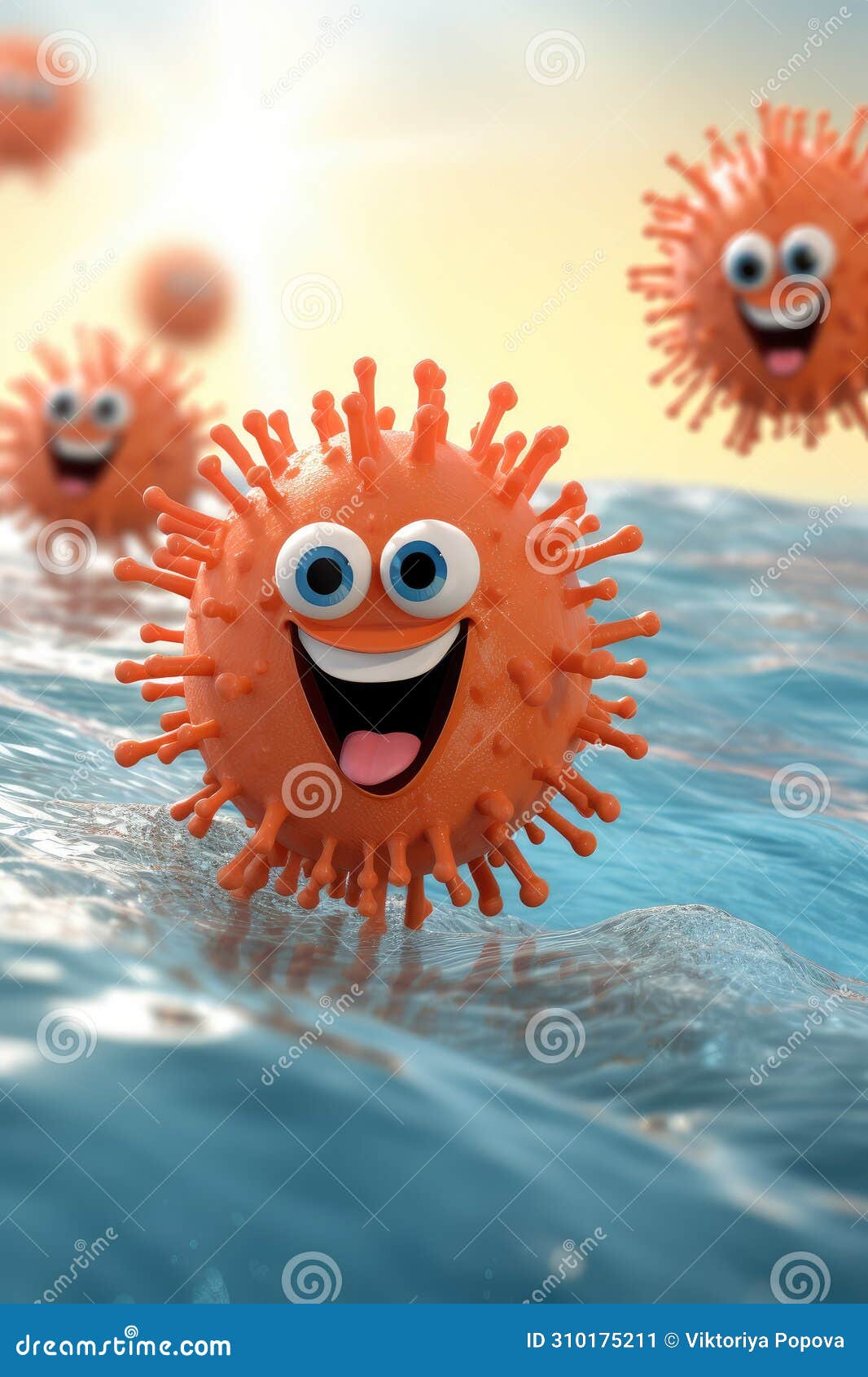 Happy Cartoon Viruses with Smiley Faces Float in Liquid Water Stock ...