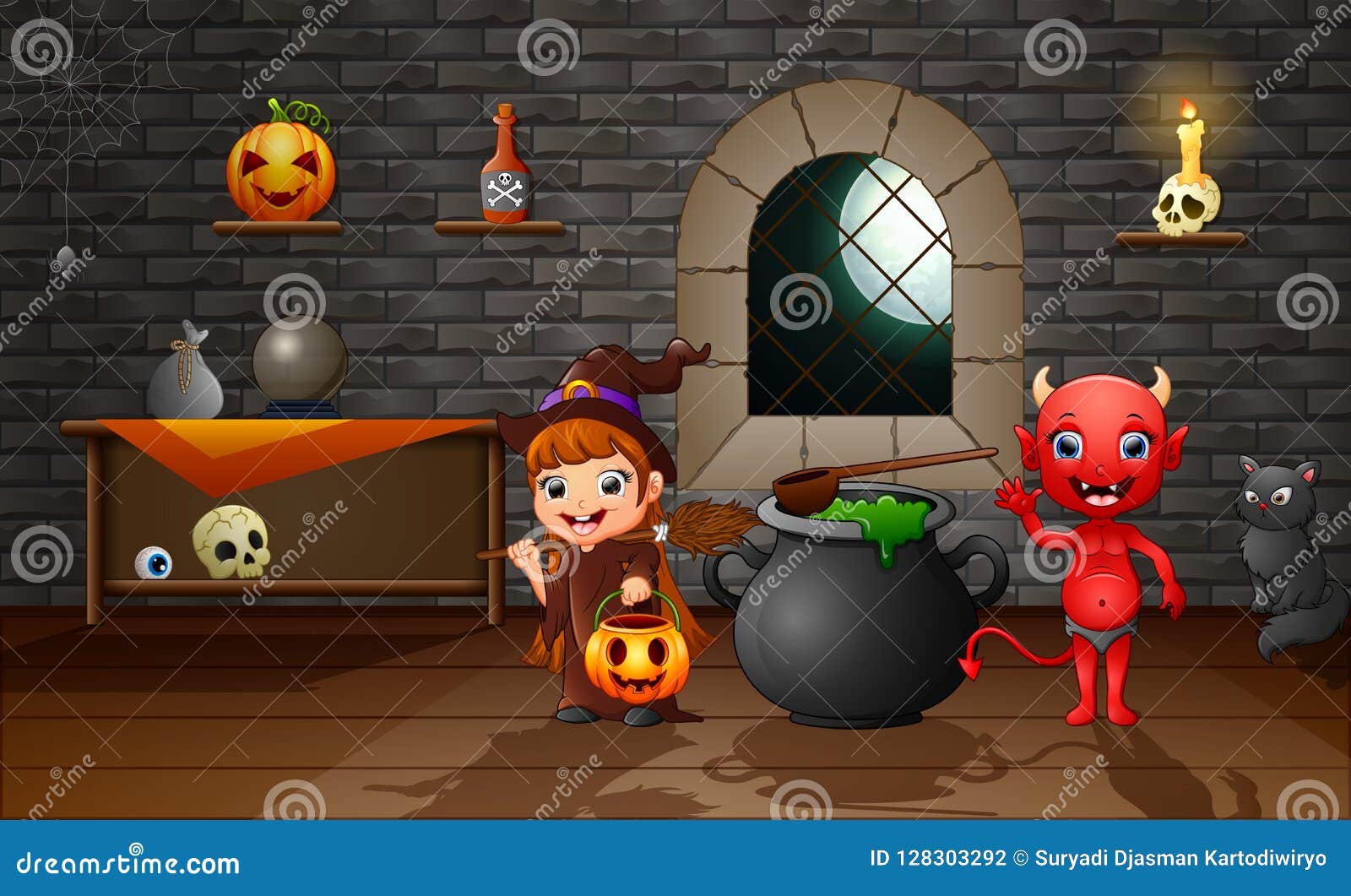 Happy Cartoon Witch and Red Devil Stock Vector - Illustration of candle ...
