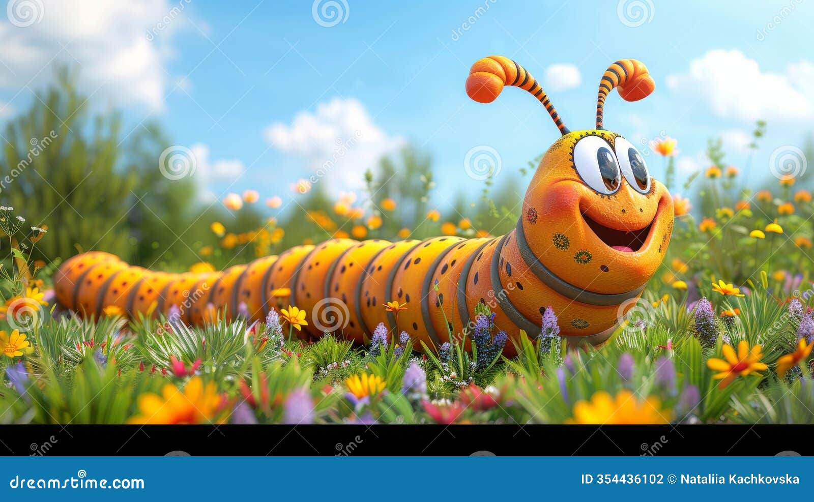Happy Cartoon Worm in Green Garden Stock Illustration - Illustration of ...