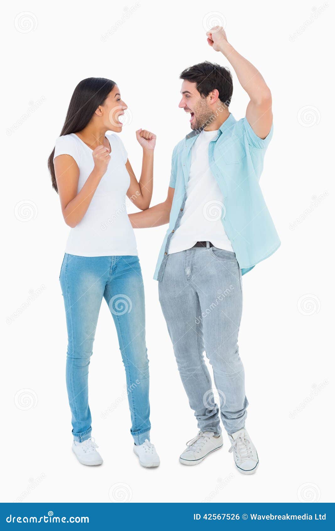Happy Casual Couple Cheering Together Stock Photo - Image of stubble ...