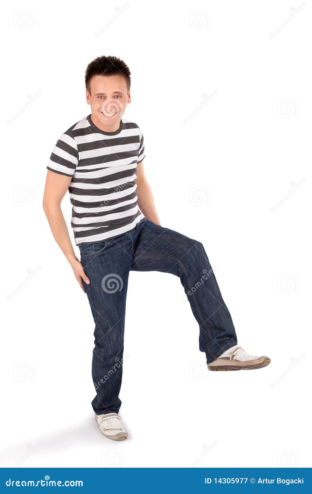 Happy Casual Man Standing on One Leg Stock Image - Image of attractive ...