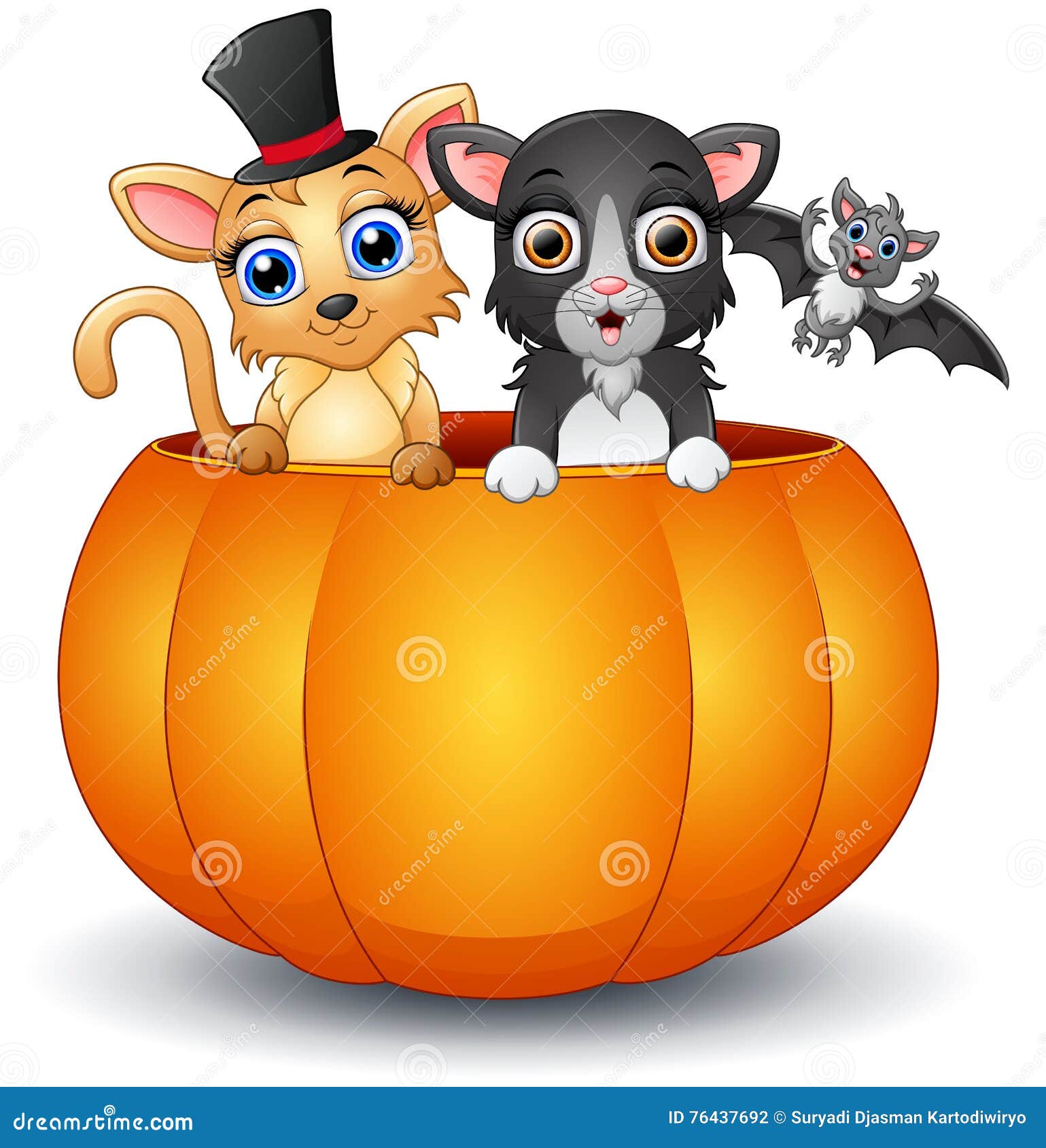 Happy Cat and Bat Cartoon Inside Pumpkin Stock Vector - Illustration of ...