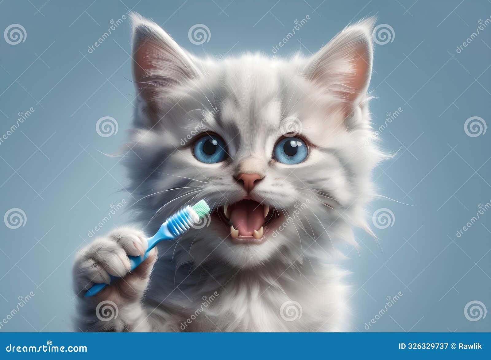 Happy Cat Brushing His Teeth, Isolated on a Light Blue Background Stock ...