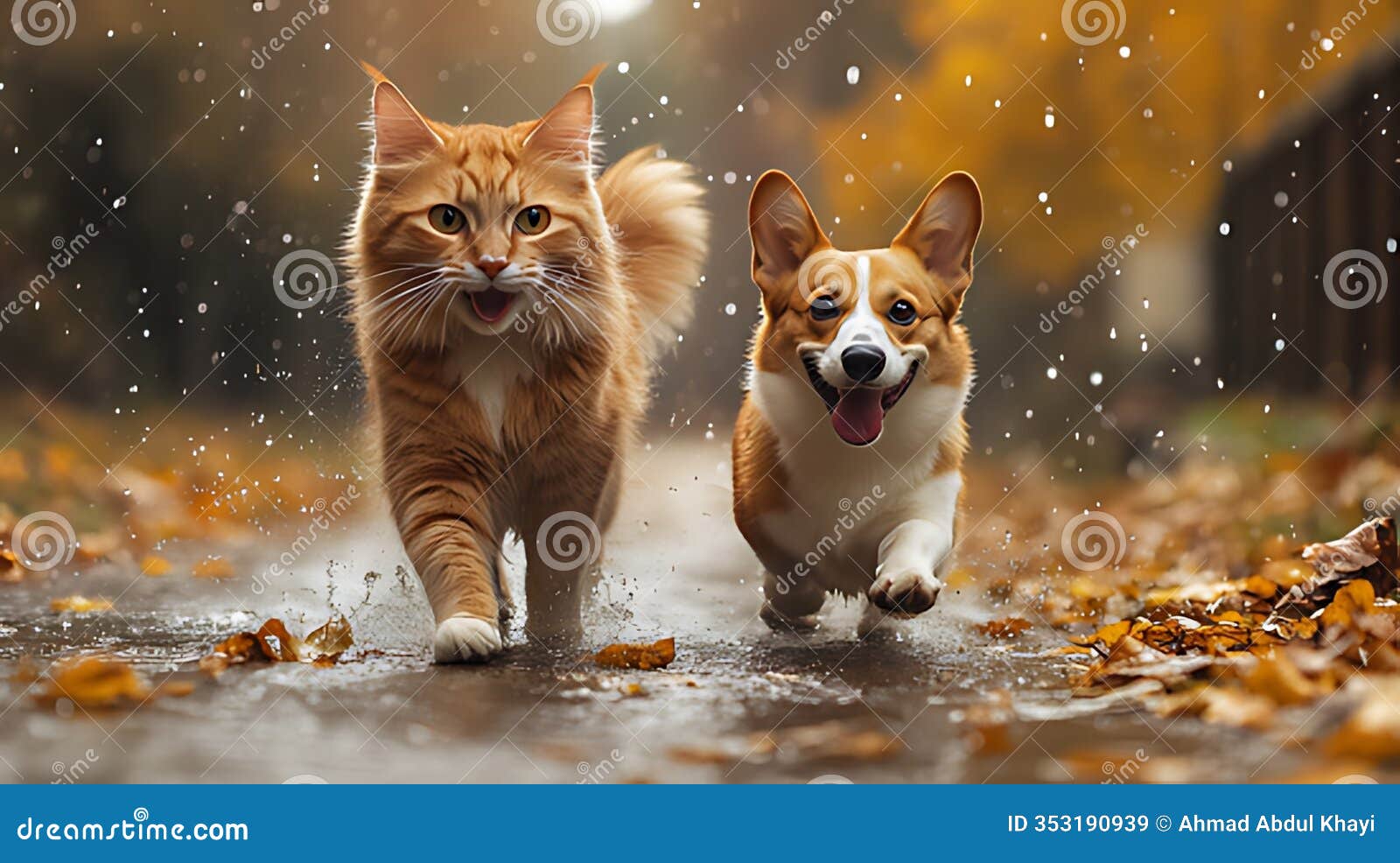 Happy Cat and Dog Running in Autumn Rain. (1 Stock Image - Image of ...