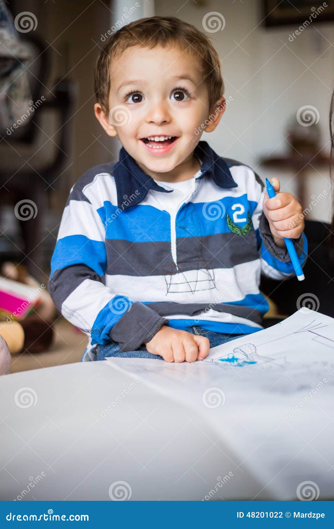 Happy Cheerful Child Drawing at Home Stock Photo - Image of expression ...