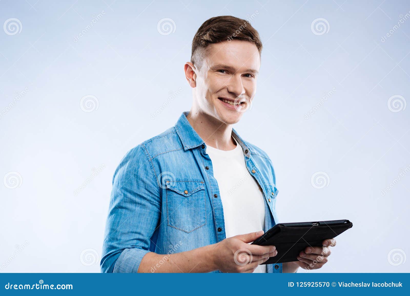 Happy Cheerful Young Man Using Modern Technology Stock Photo - Image of ...