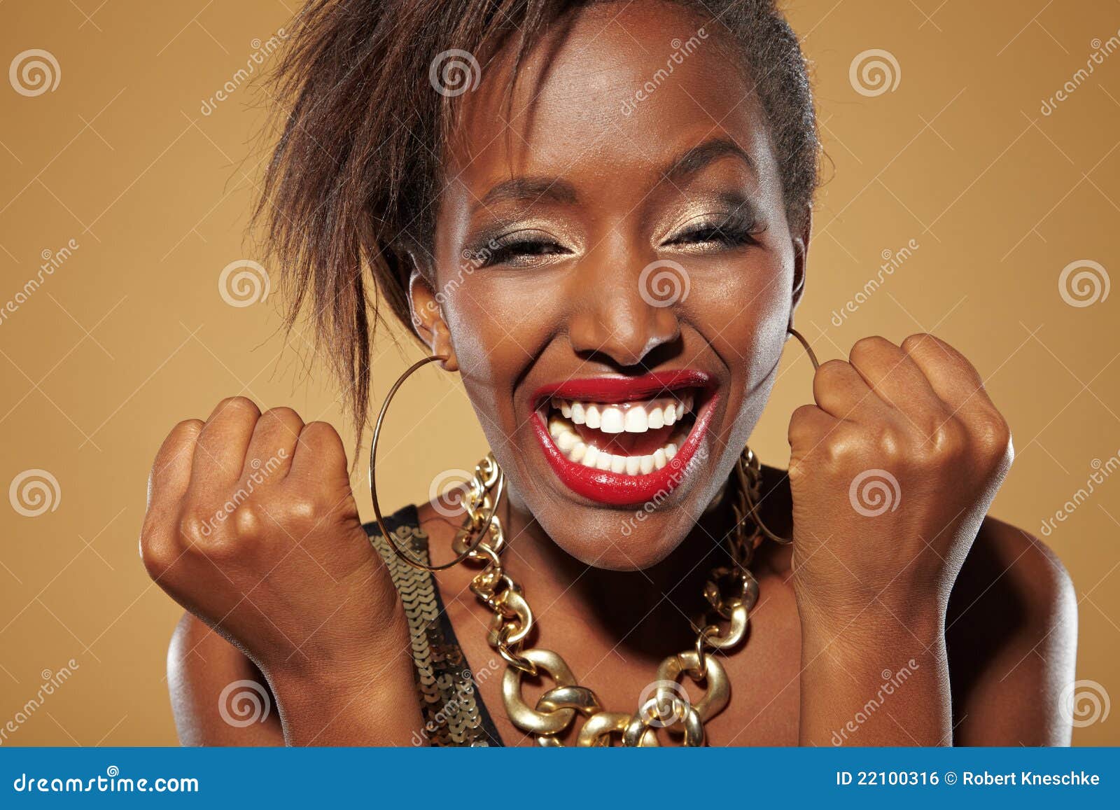 Happy Cheering African Woman Stock Photo - Image of strength ...