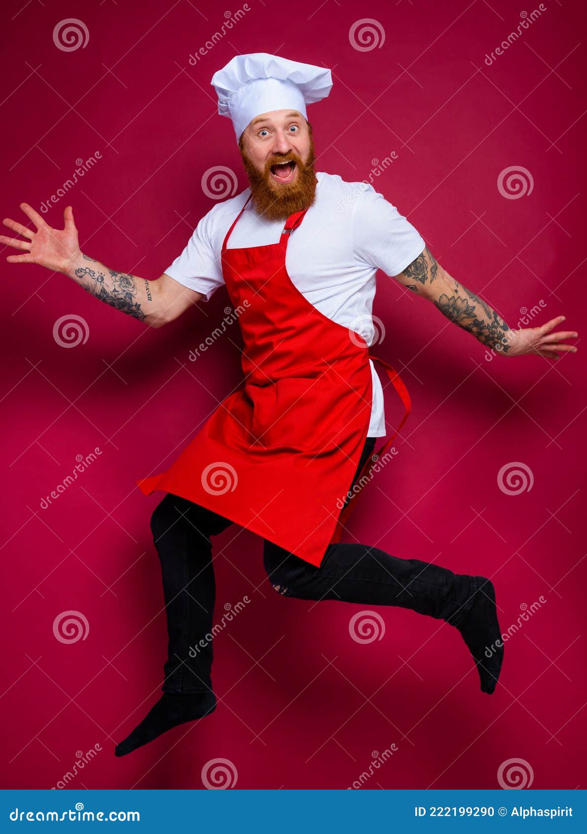 Happy Chef with Beard and Red Apron Jumps Stock Photo - Image of ...