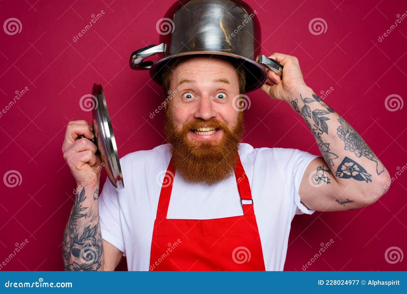 Happy Chef with Beard and Red Apron Plays with Pot Stock Image - Image ...