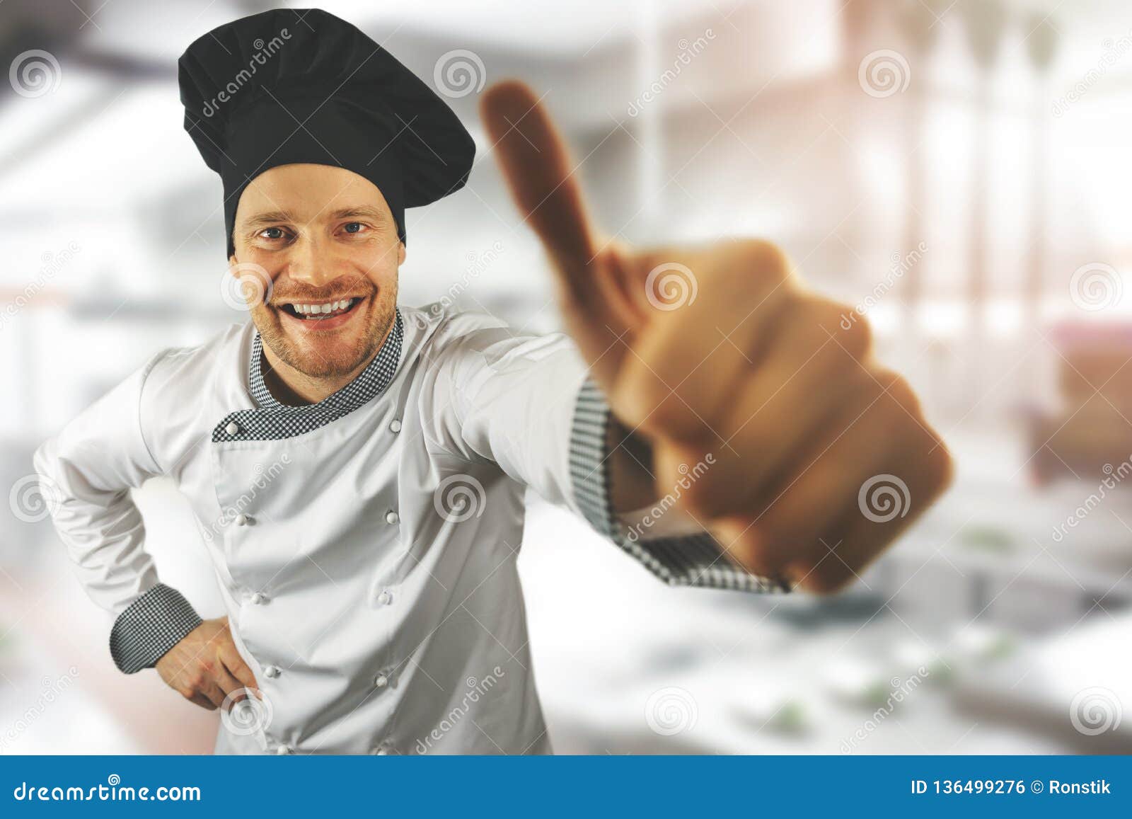 Happy Chef with Thumb Up at Restaurant Kitchen Stock Photo - Image of ...