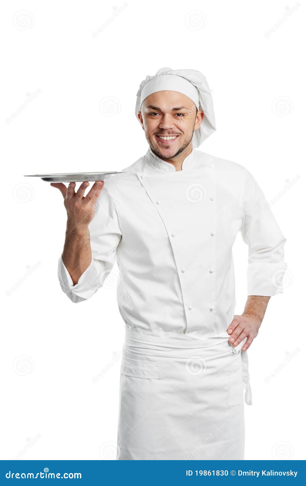 Happy Chef with Tray Isolated Stock Photo - Image of profession ...
