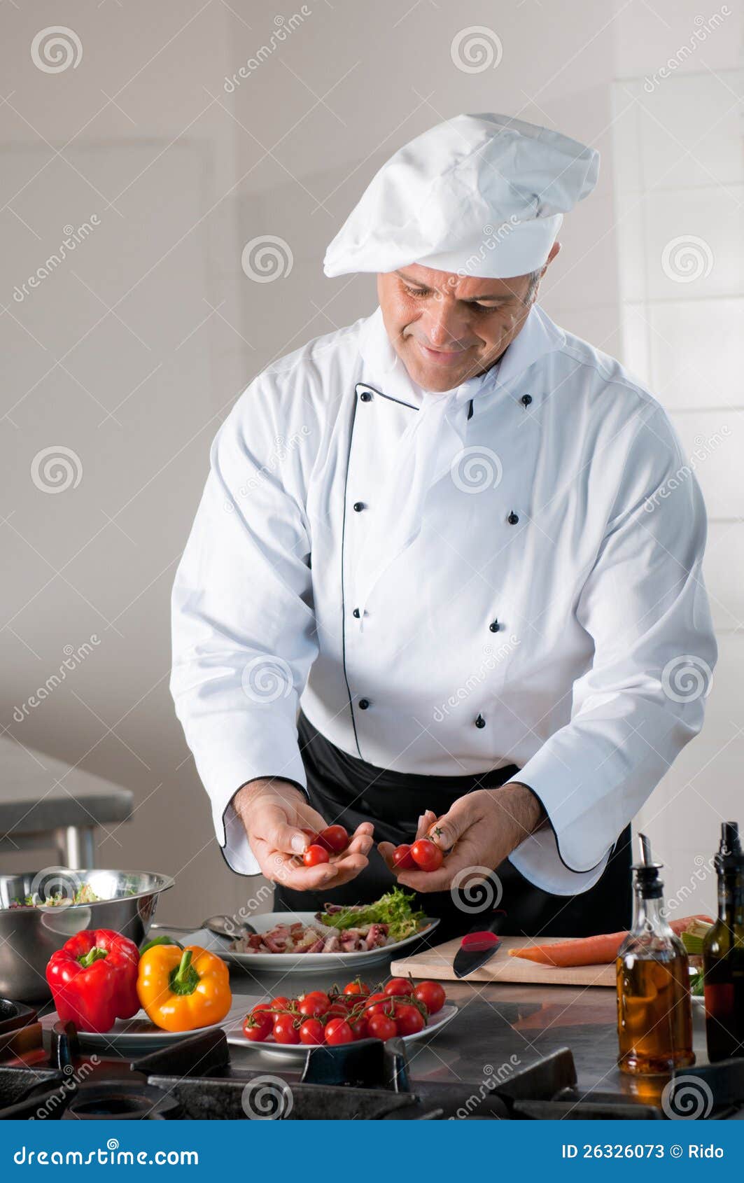 Happy chef at work stock image. Image of garnish, hand - 26326073