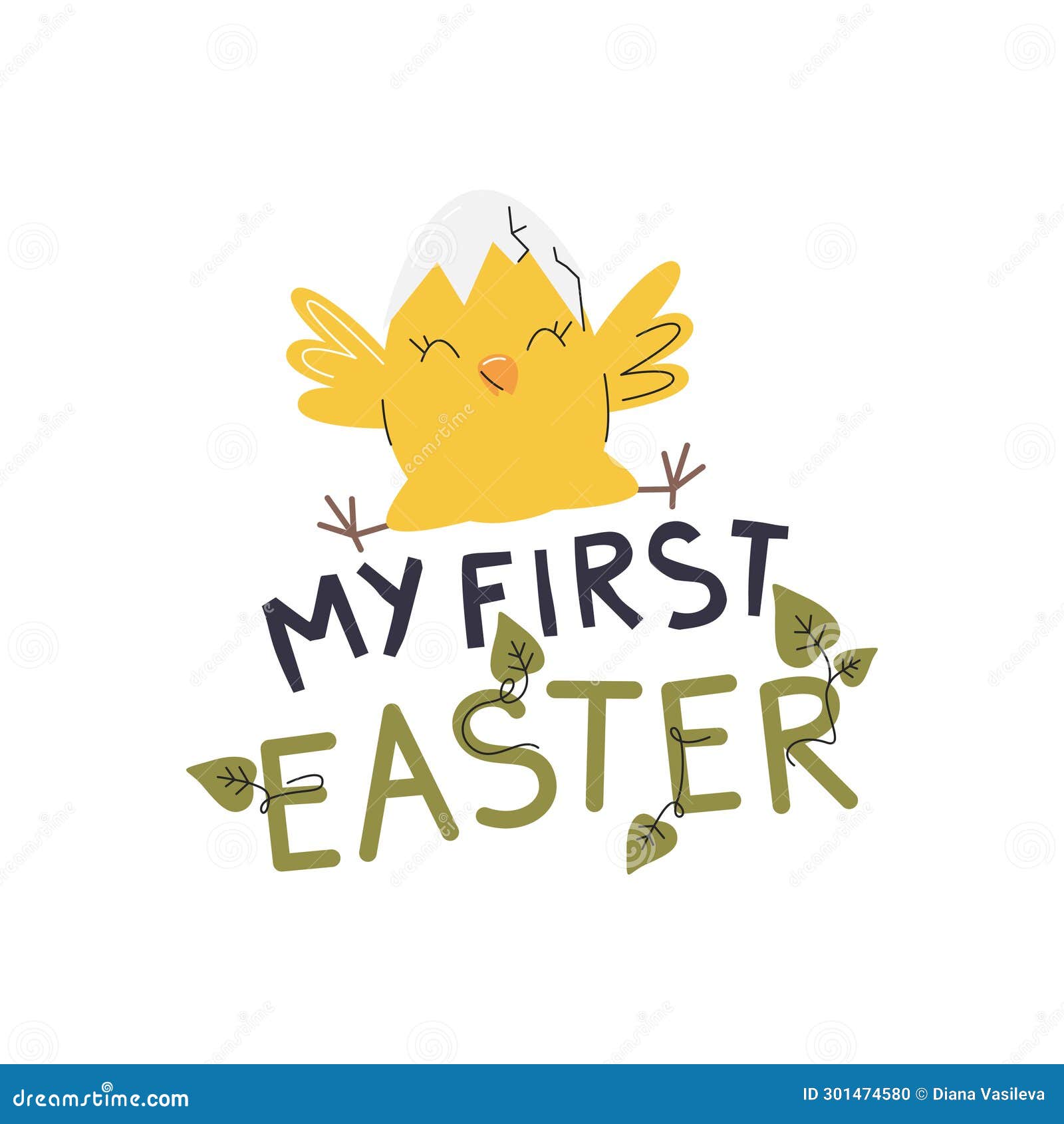 Happy Chick with My First Easter Lettering Design Stock Illustration ...