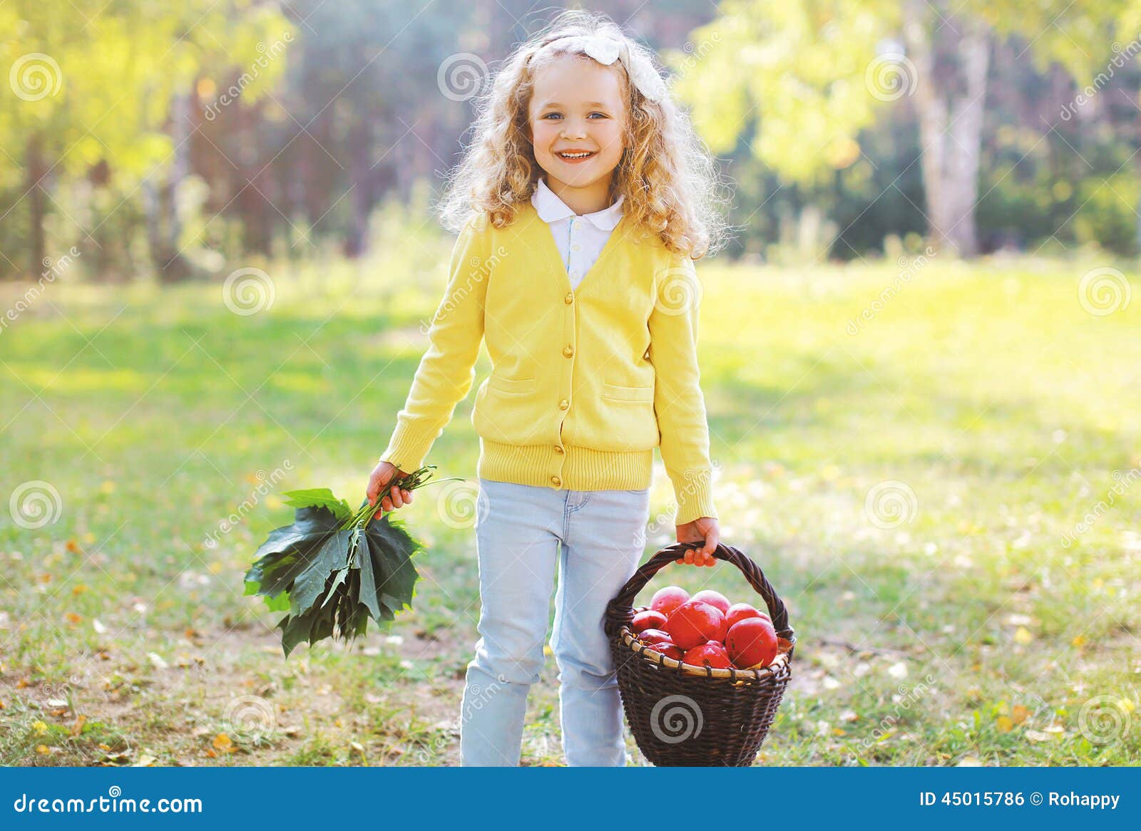Happy Child with Autumn Basket Having Fun Stock Photo - Image of calm ...