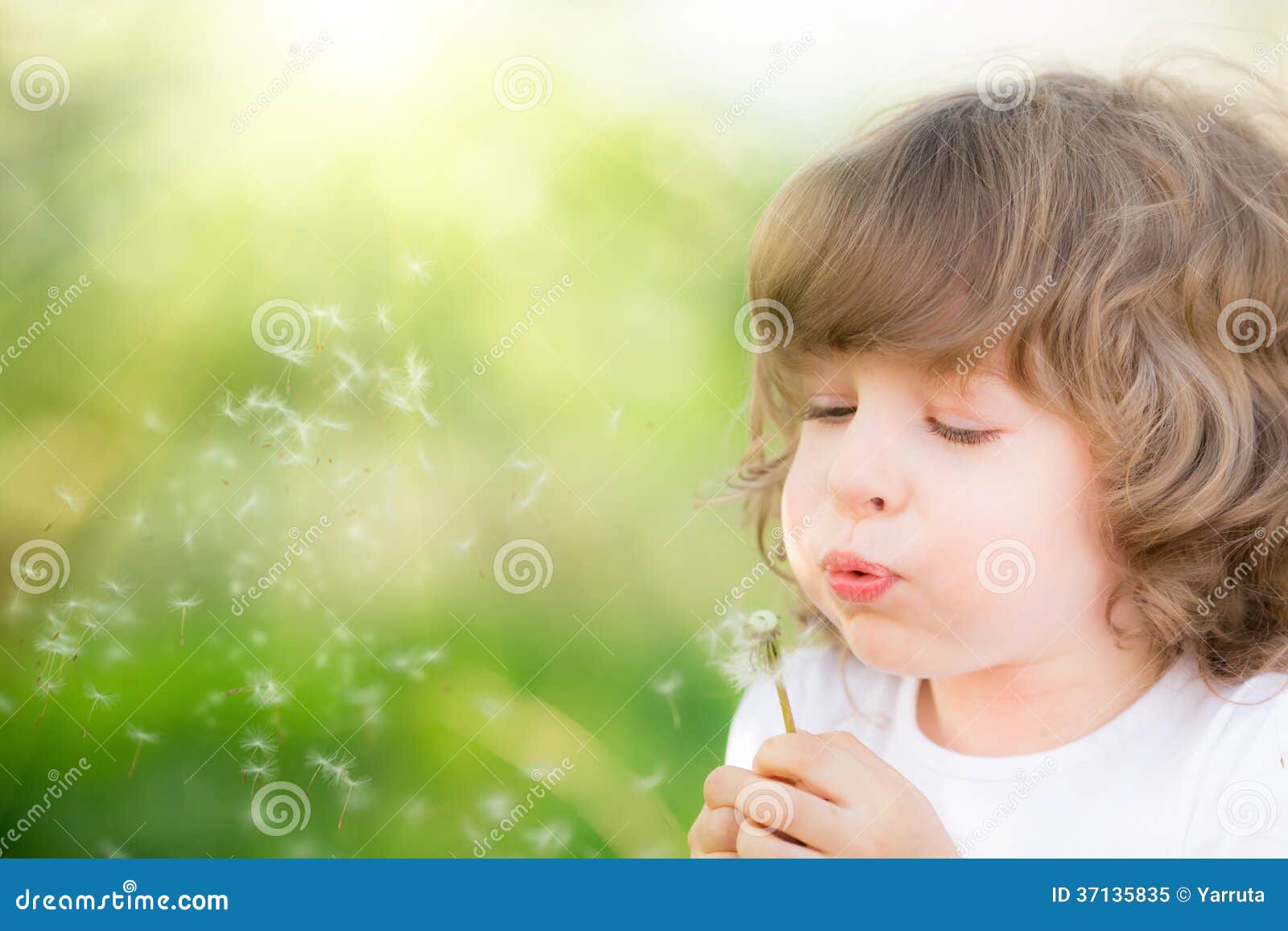 Happy Child Blowing Dandelion Stock Image - Image of blurred, green ...